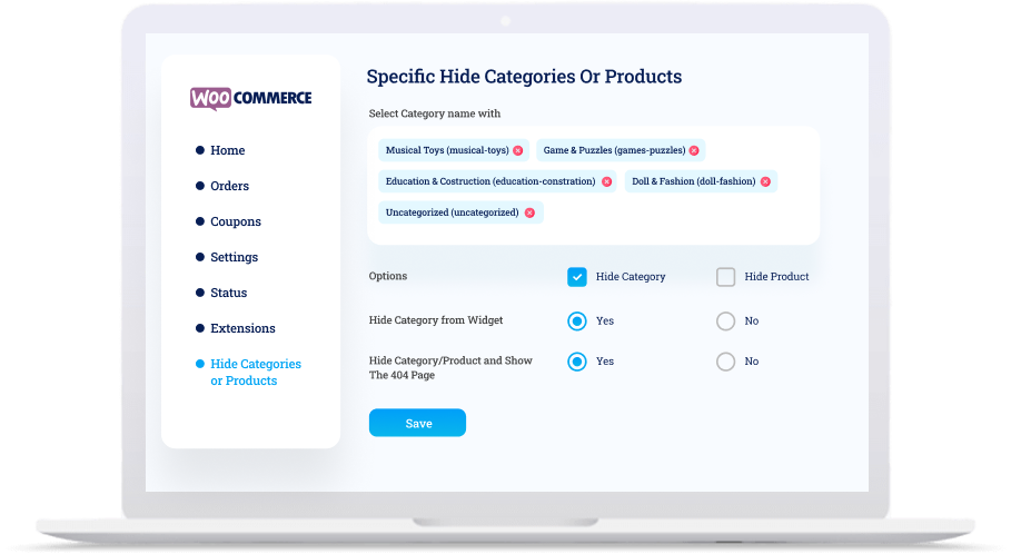 Hide category and product from the shop page in Woocommerce